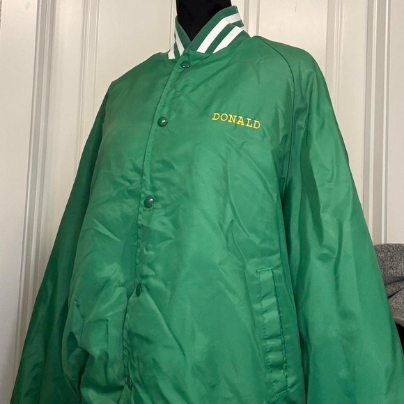 Jackets & Coats | Vintage Festival Foods Green Satin Bomber Jacket Mens ...